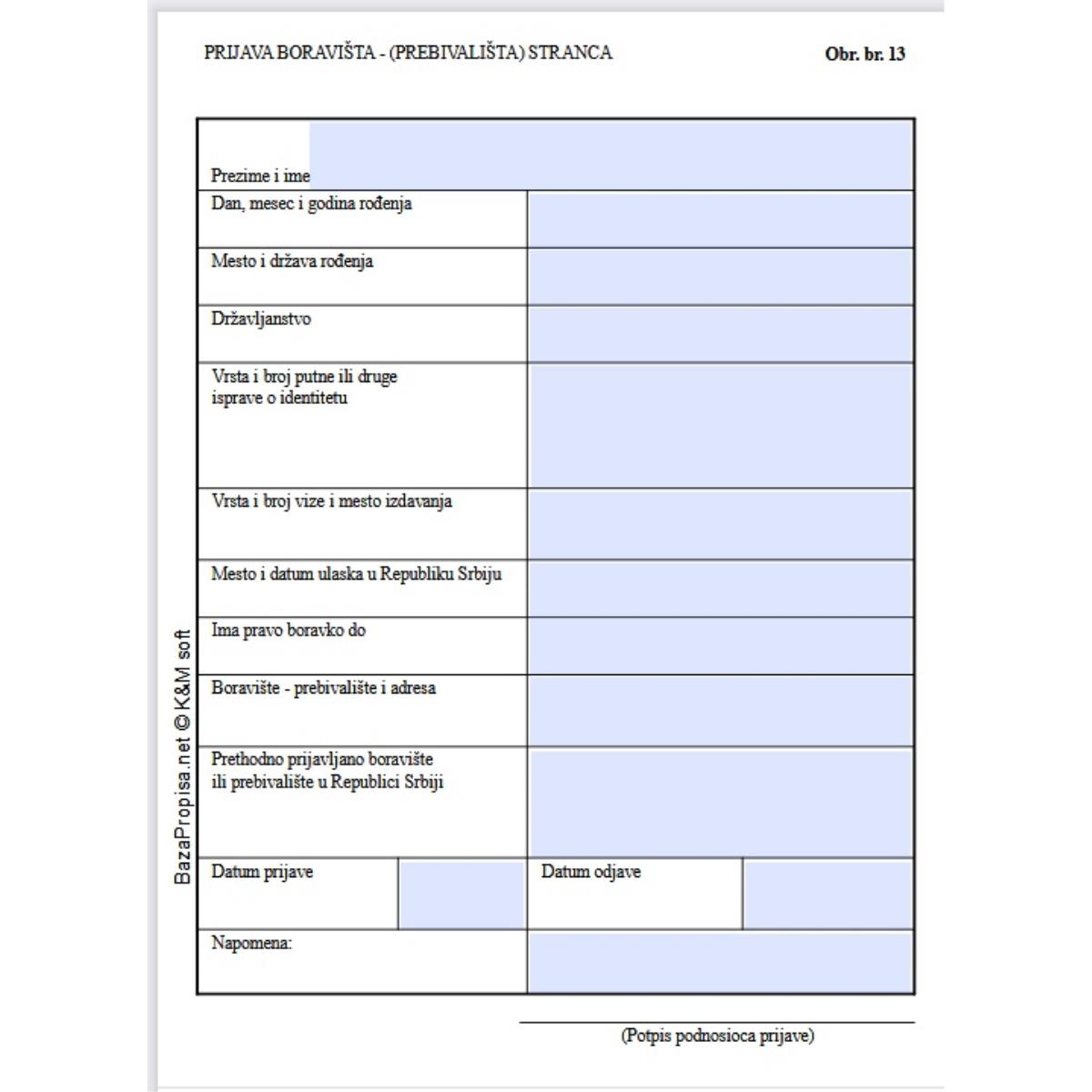 PRIJAVA BORAVIŠTA STRANACA OBRAZAC BR.13 | Office&More