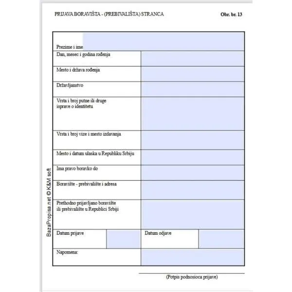 PRIJAVA BORAVIŠTA STRANACA OBRAZAC BR.13 | Office&More