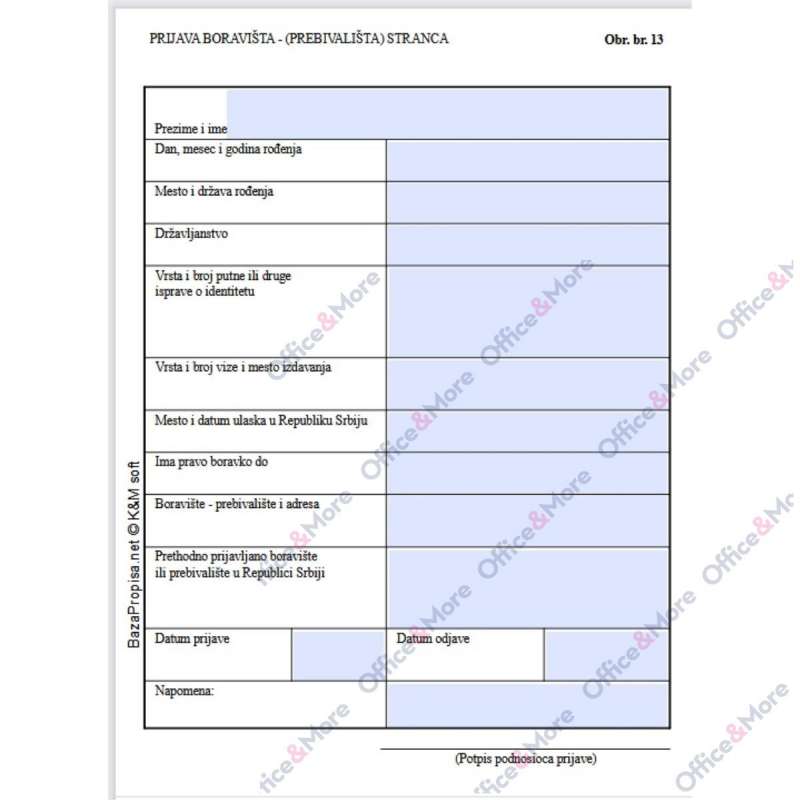 PRIJAVA BORAVIŠTA STRANACA OBRAZAC BR.13 | Office&More